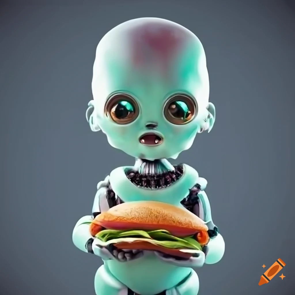 Humorous image of an alien robot baby with sandwich on Craiyon