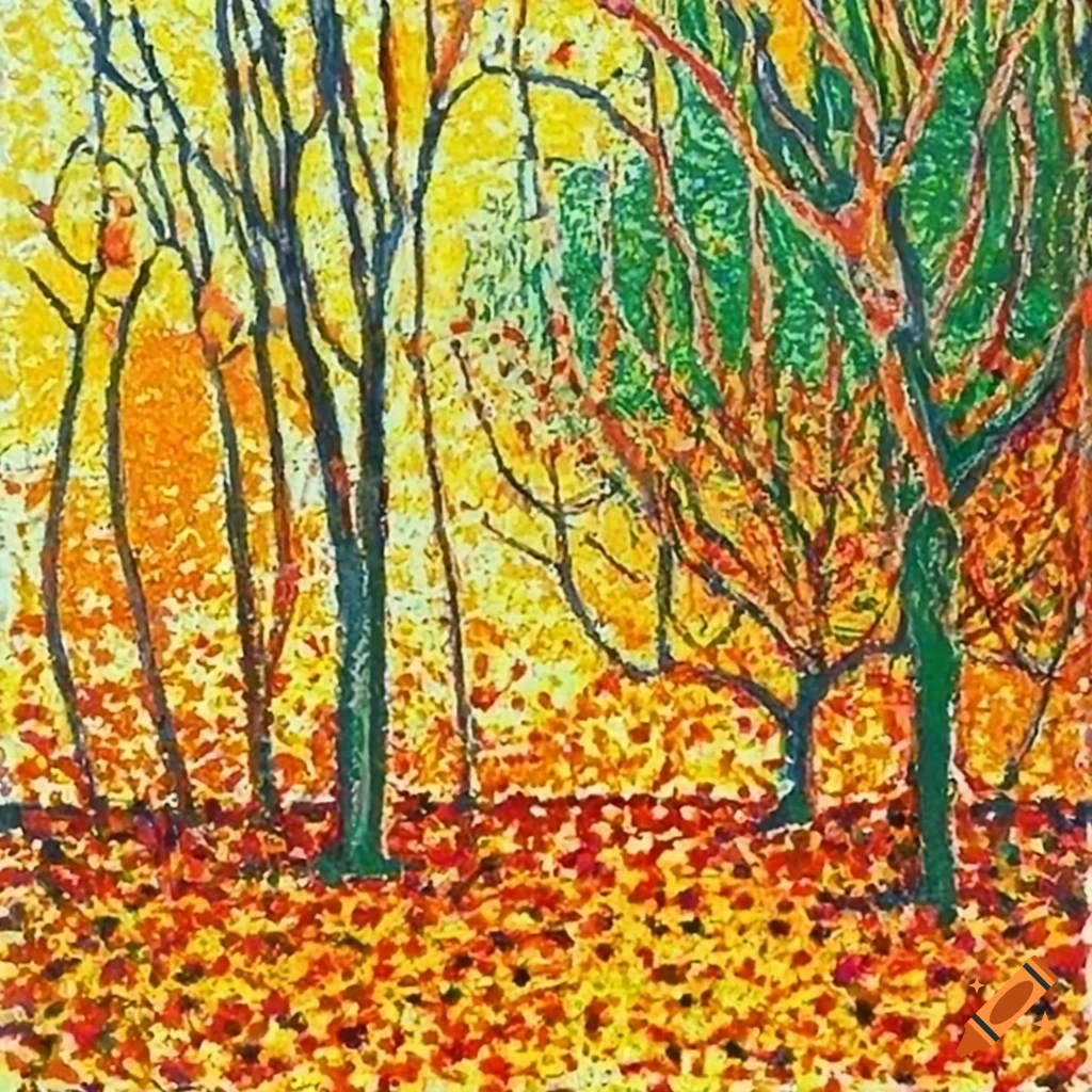 Pointillism artwork of raking leaves