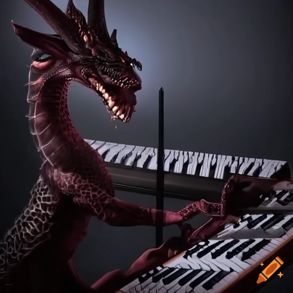 Dragon playing electronic instruments in a studio on Craiyon