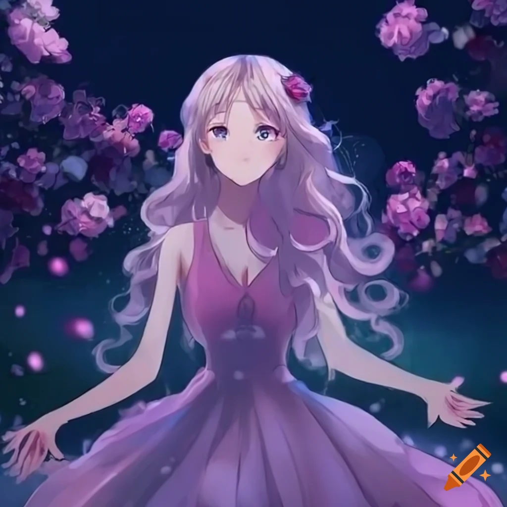 Ethereal anime girl in moonlit rose garden on Craiyon