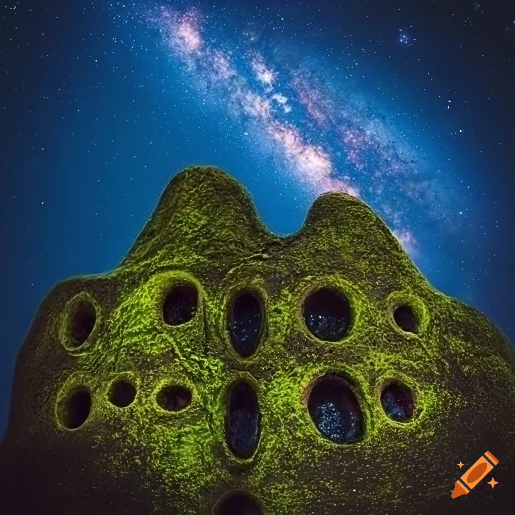 Moss-covered tall stone buildings under milky way