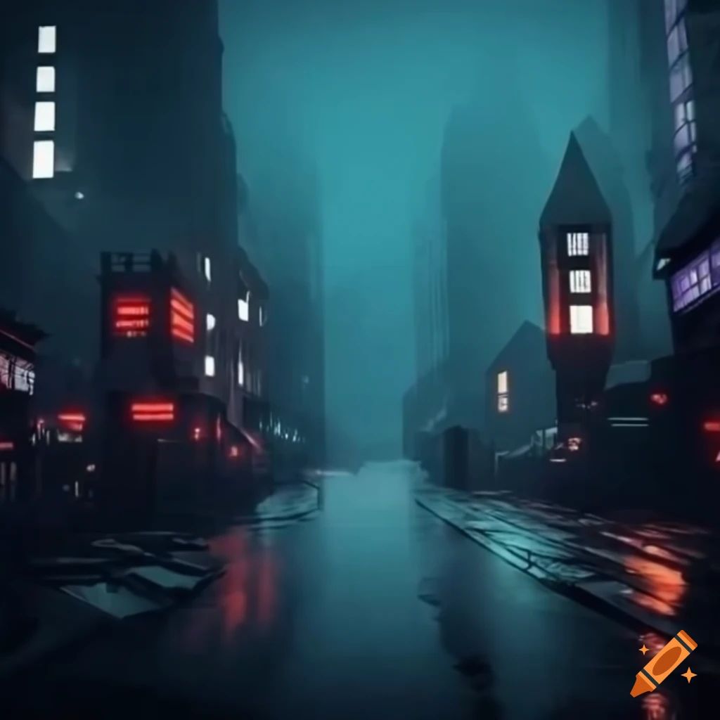 Nighttime city lights with a dark atmosphere on Craiyon