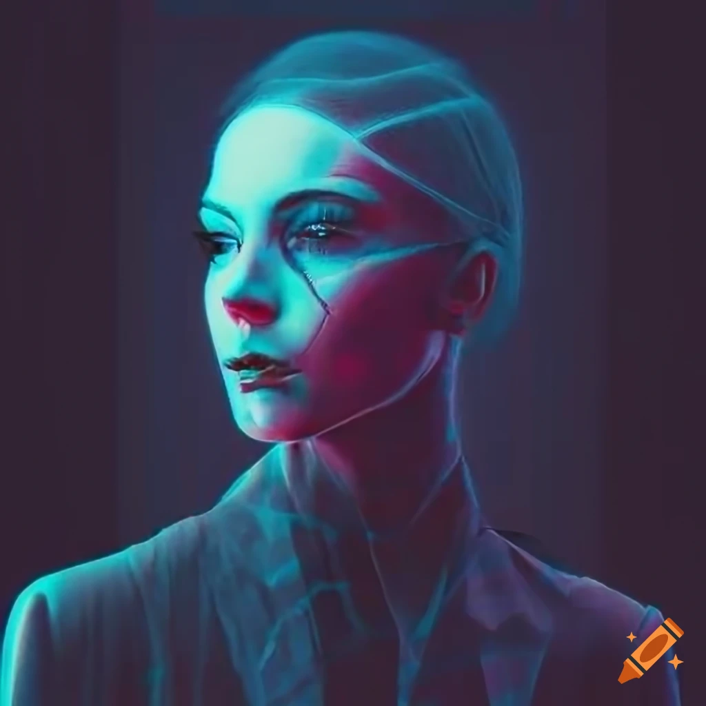 Translucent humanoid android surrounded by glowing crystals on Craiyon