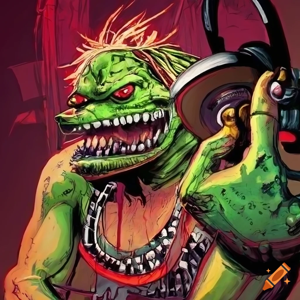 Lizard DJ with headphones in Simon Bisley style on Craiyon