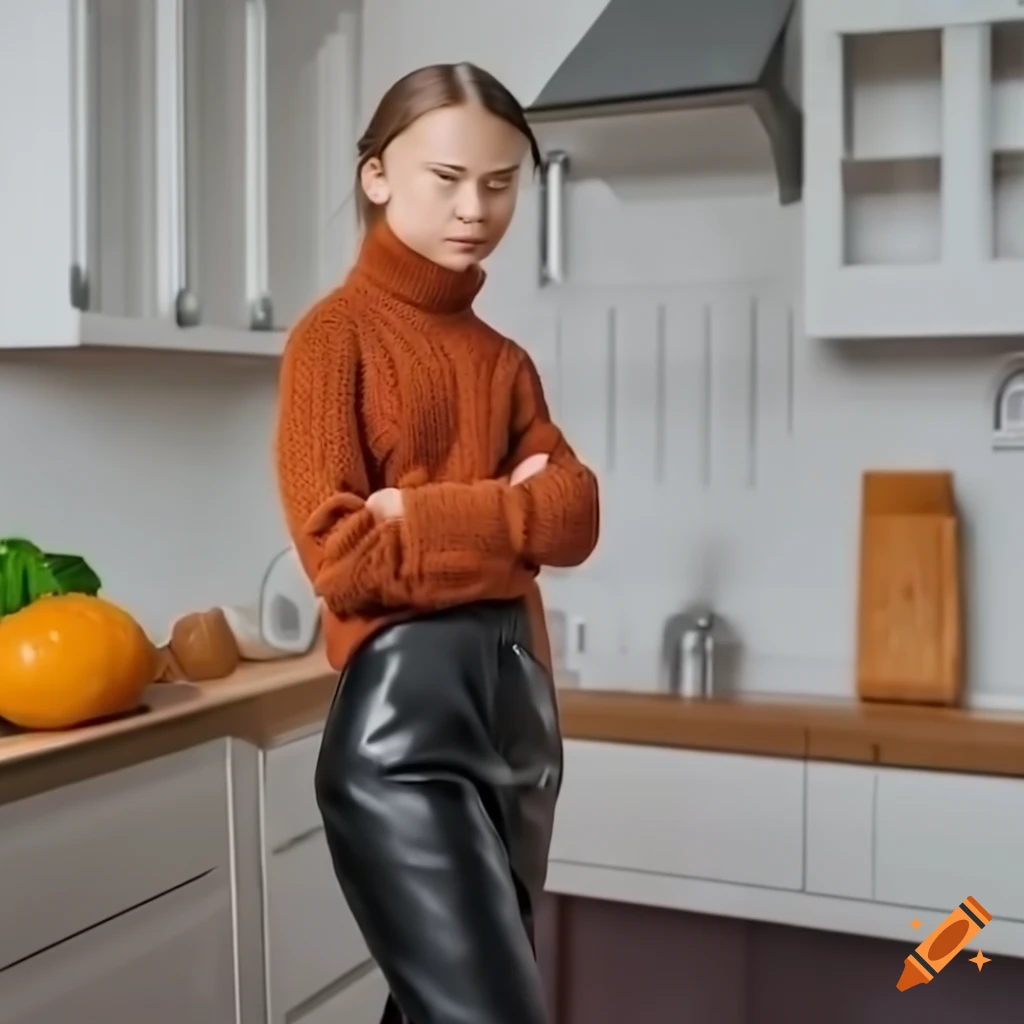 Side view portrait of a person in orange cable-knit sweater on Craiyon