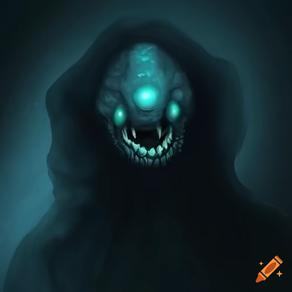 Artwork of a smiling creature with glowing eyes on Craiyon