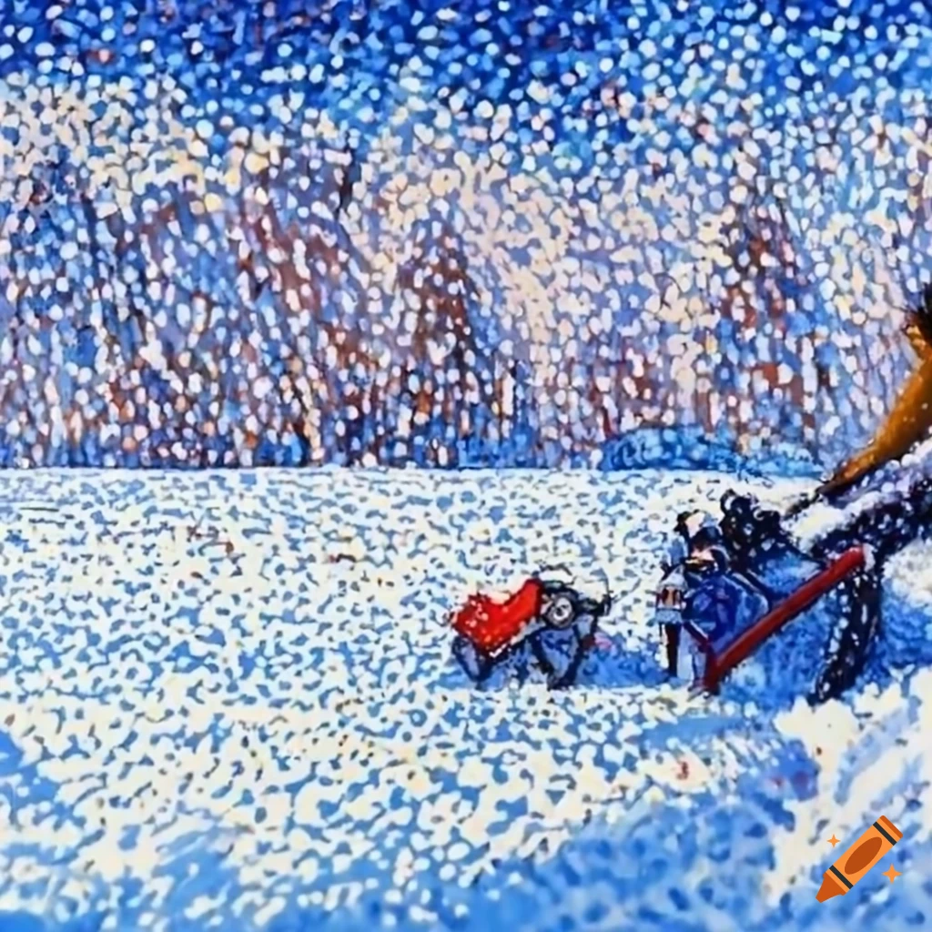 Pointillism painting of a snowblower in action on Craiyon