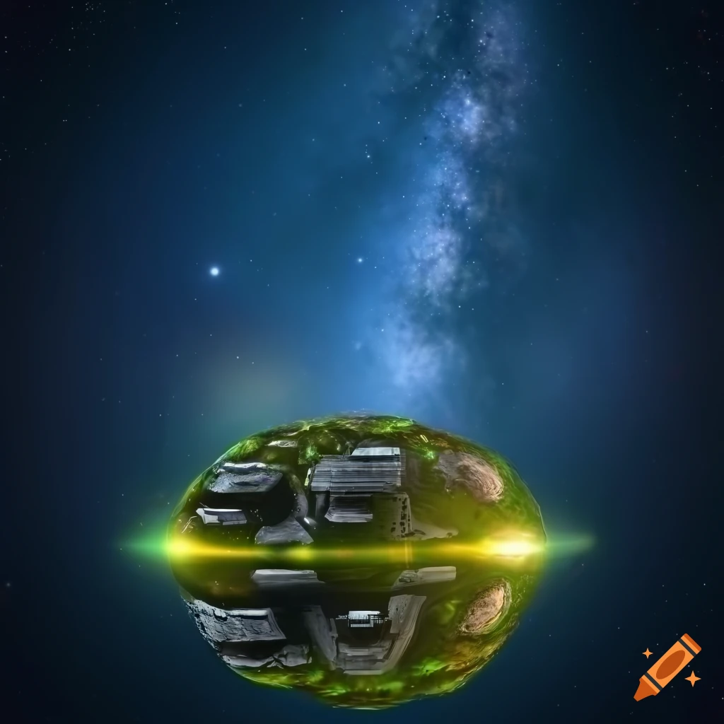 Image of a moss-covered stone spaceship orbiting a planet on Craiyon