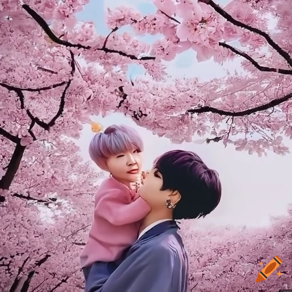 Yoongi of BTS holding a baby under cherry blossoms on Craiyon