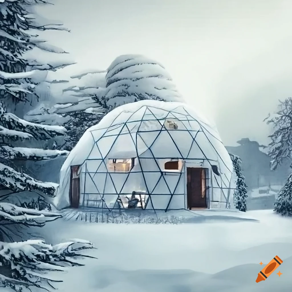 Artwork of a winter geodesic dome permaculture farm on Craiyon