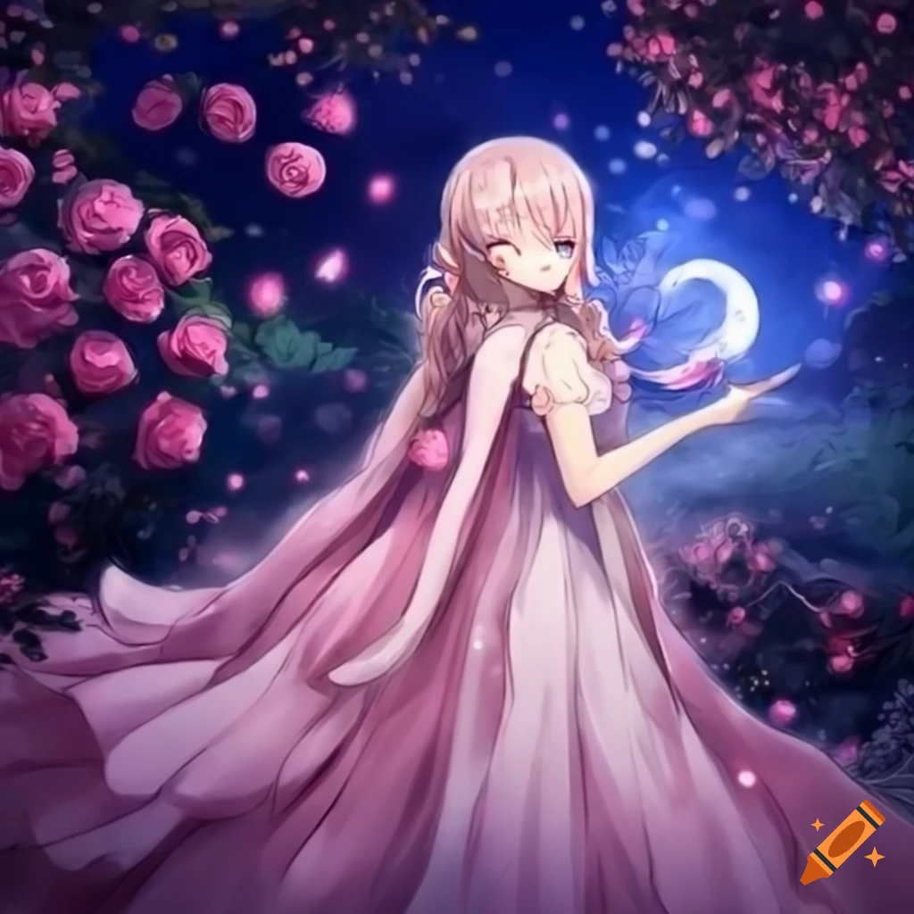 Ethereal anime girl in moonlit rose garden on Craiyon