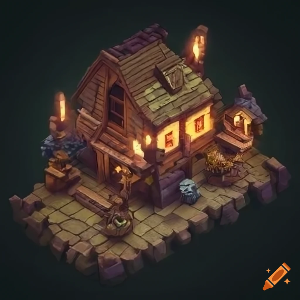 Detailed isometric rpg map with village, market, and tavern