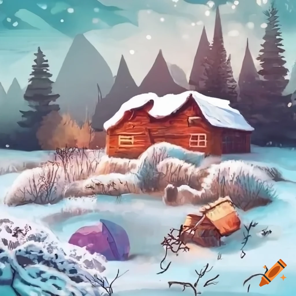 Flat art of a winter permaculture farm on Craiyon