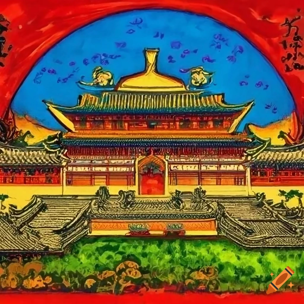 Colorful illustration of a Chinese palace at night on Craiyon