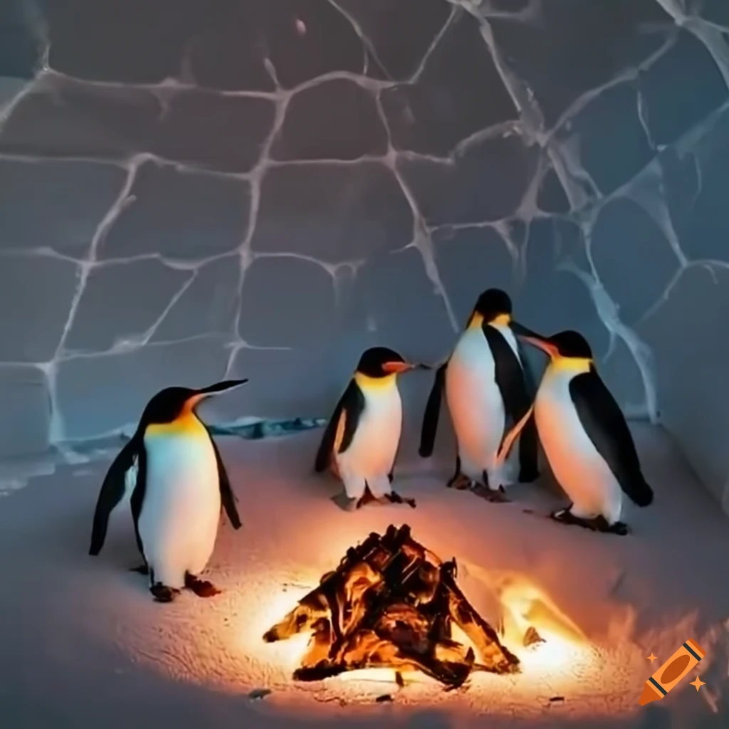 Penguins gathered around bonfire in igloo living room on Craiyon