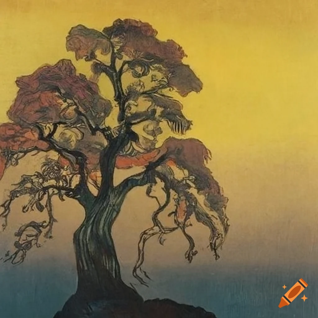 Skilled logger carving up a large tree in a japanese forest ukiyo-e ...