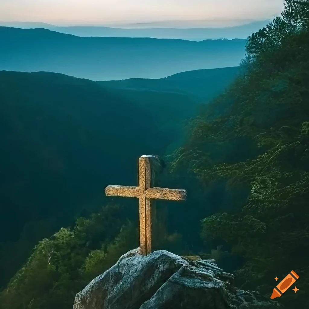Stone cross on a cliffside overlooking a forest at midnight on Craiyon