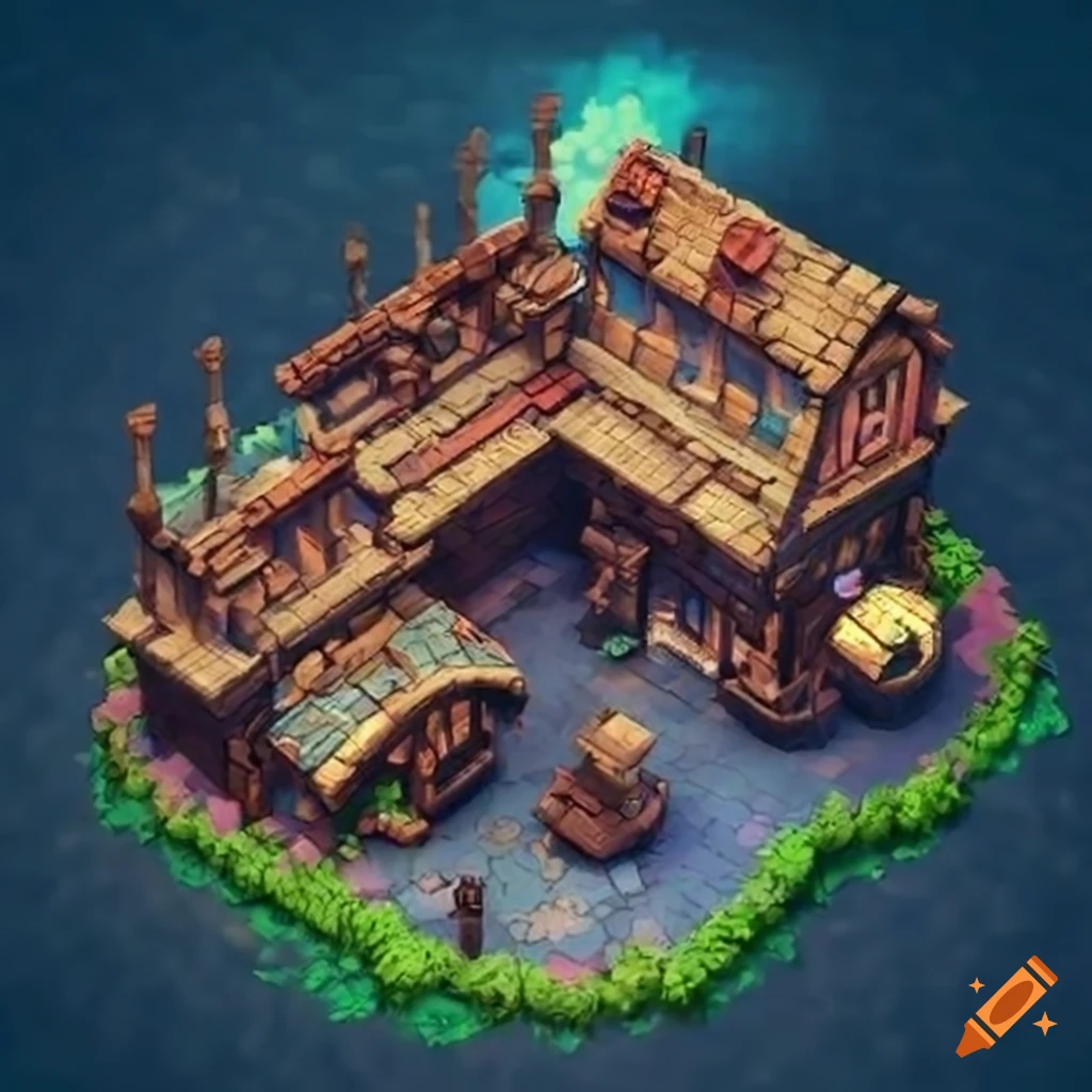 Detailed isometric map of a medieval village in a fantasy world on Craiyon