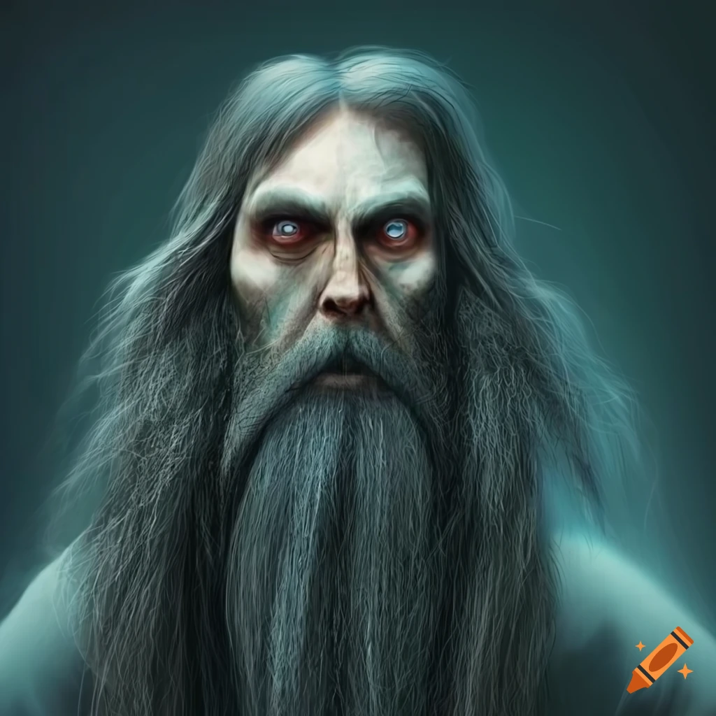 Dark fantasy style wizard with long black beard