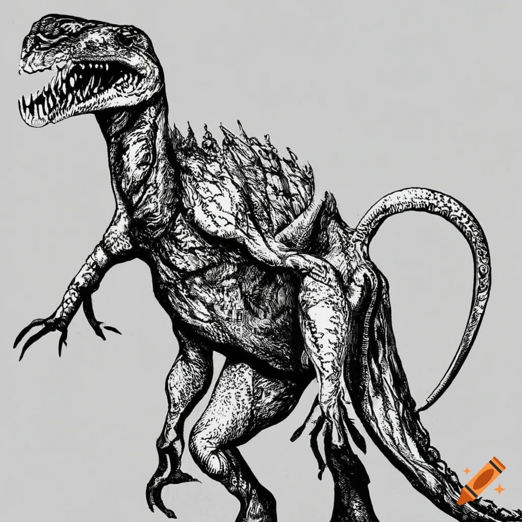 Black and white etching of a lovecraftian dinosaur monster on Craiyon