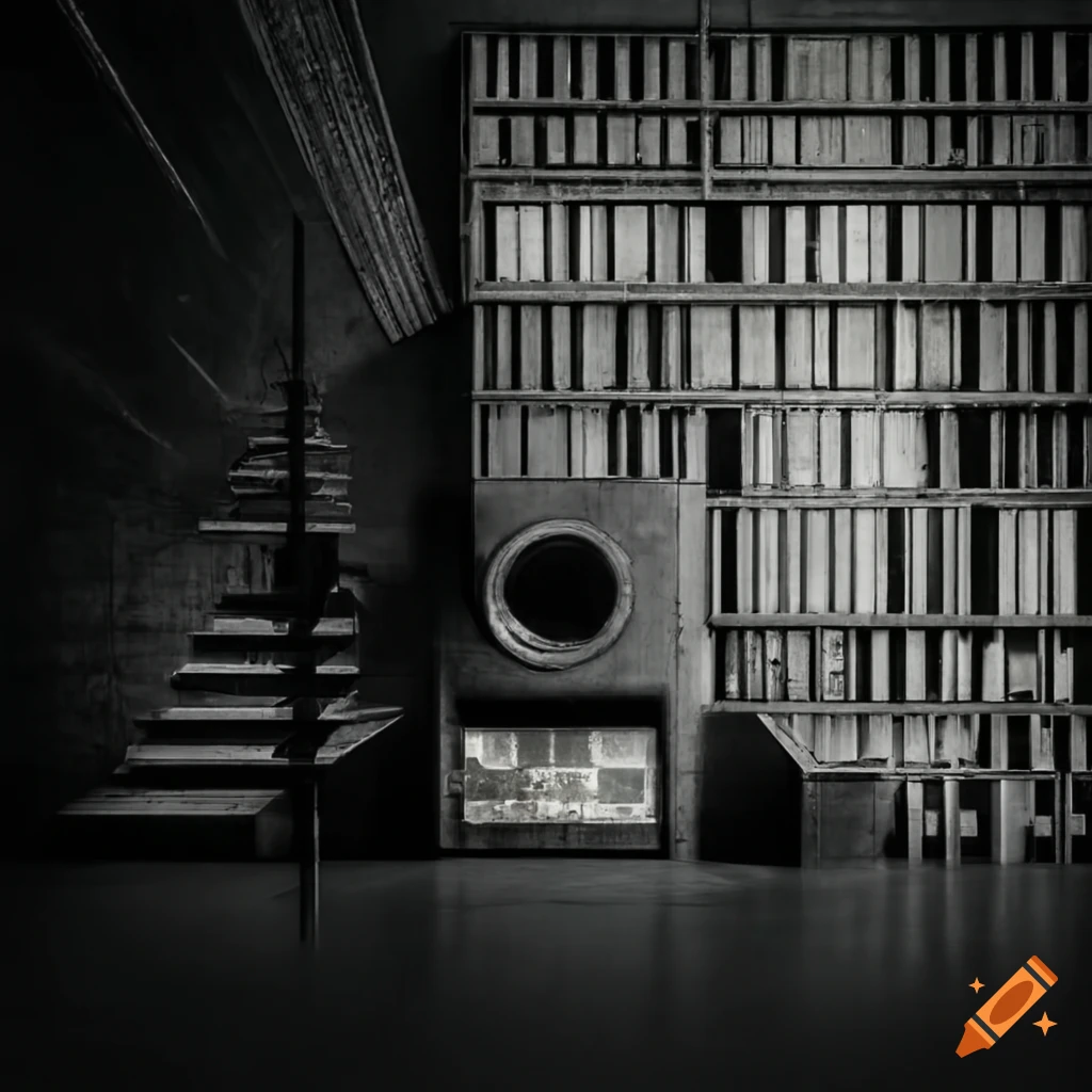 Brutalist concrete control room of a podcast studio