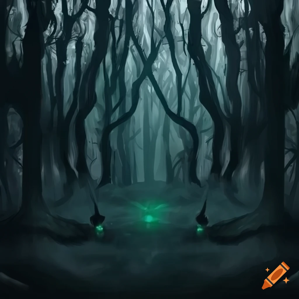 Image of a spooky forest with glowing eyes on Craiyon