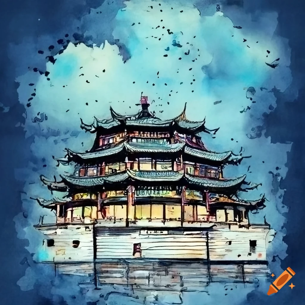Colorful illustration of a Chinese palace at night on Craiyon
