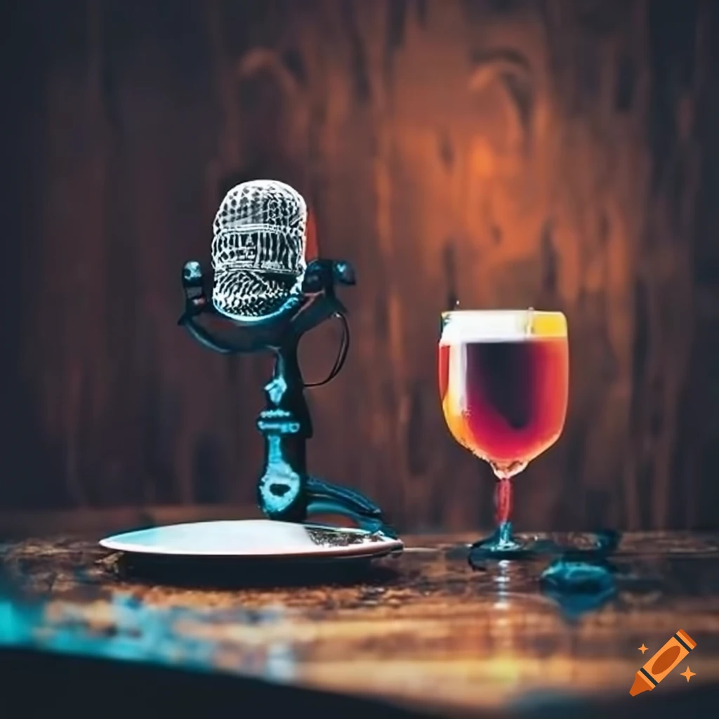 Podcast cover with microphone and cocktails on Craiyon