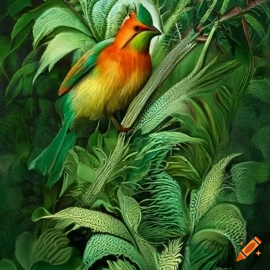 Realistic bird on a branch in the jungle on Craiyon