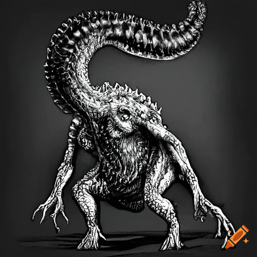 Detailed etching of a lovecraftian dinosaur monster on Craiyon