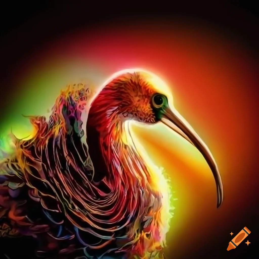 Vibrant illustration of a fiery ibis on Craiyon