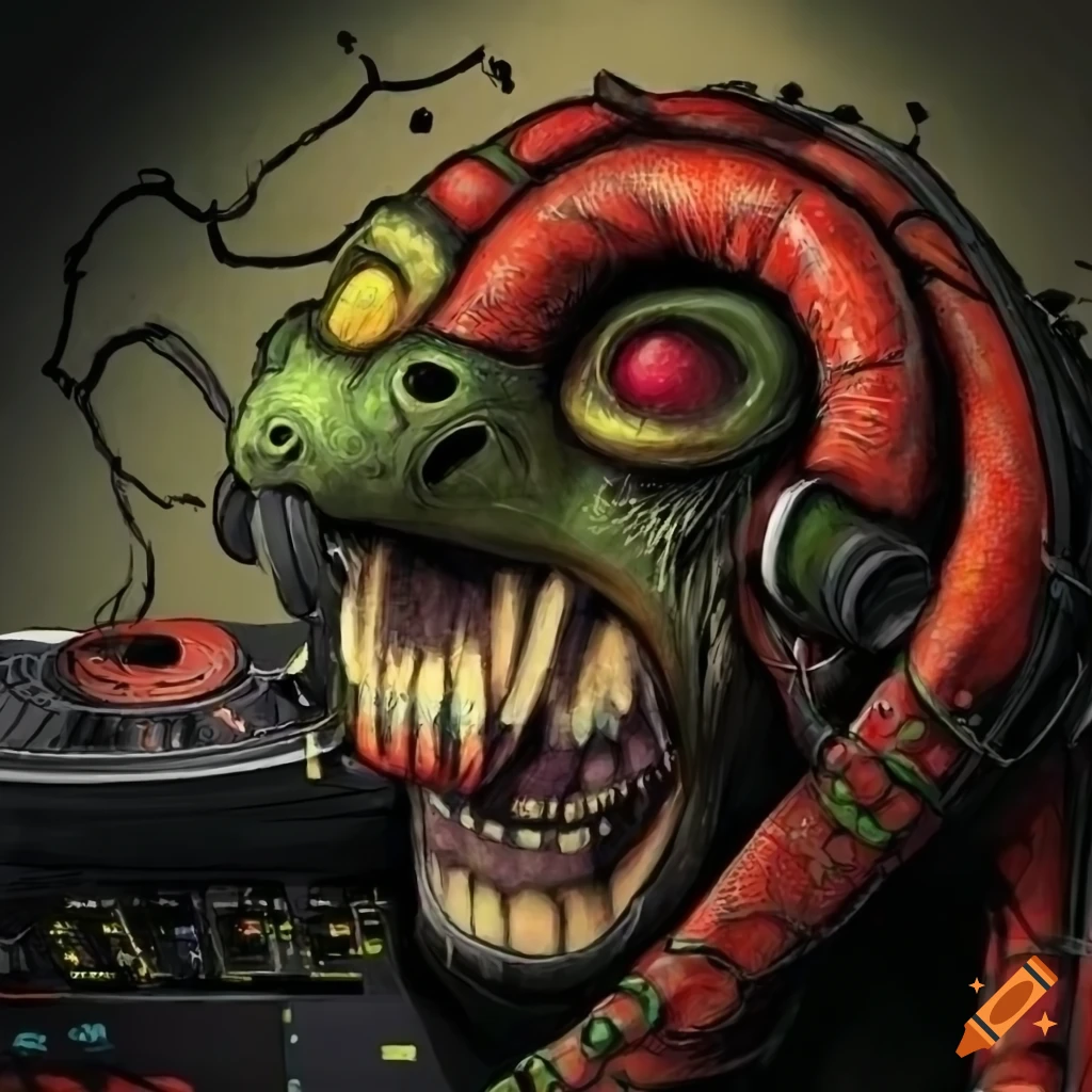 Lizard DJ in Simon Bisley art style on Craiyon