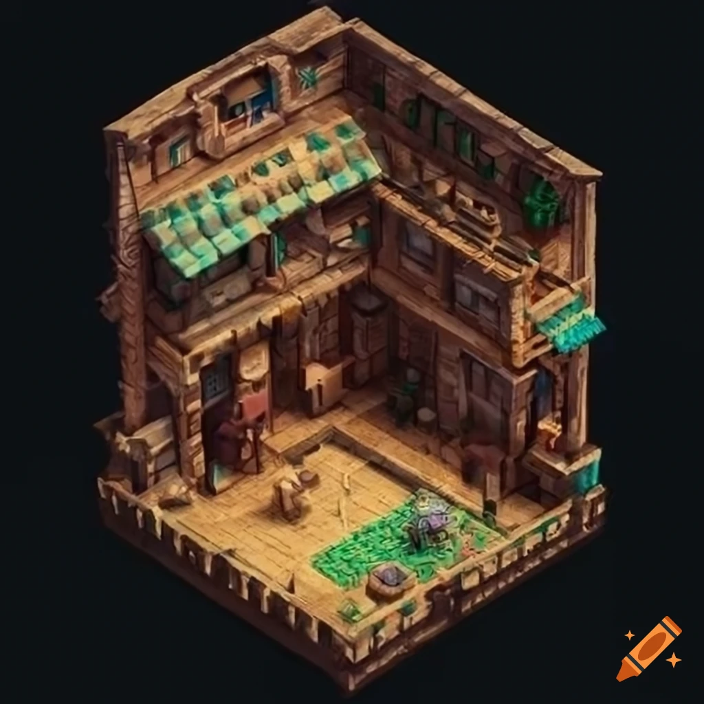 Detailed isometric map with medieval village and market on Craiyon