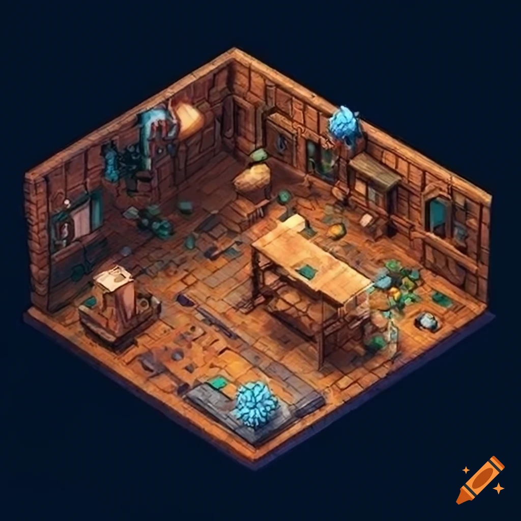 Detailed isometric map of a medieval village in a fantasy world on Craiyon