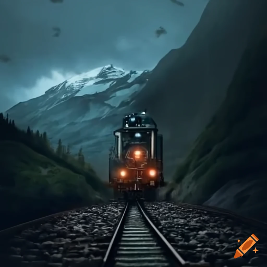 Train passing through majestic mountains on Craiyon