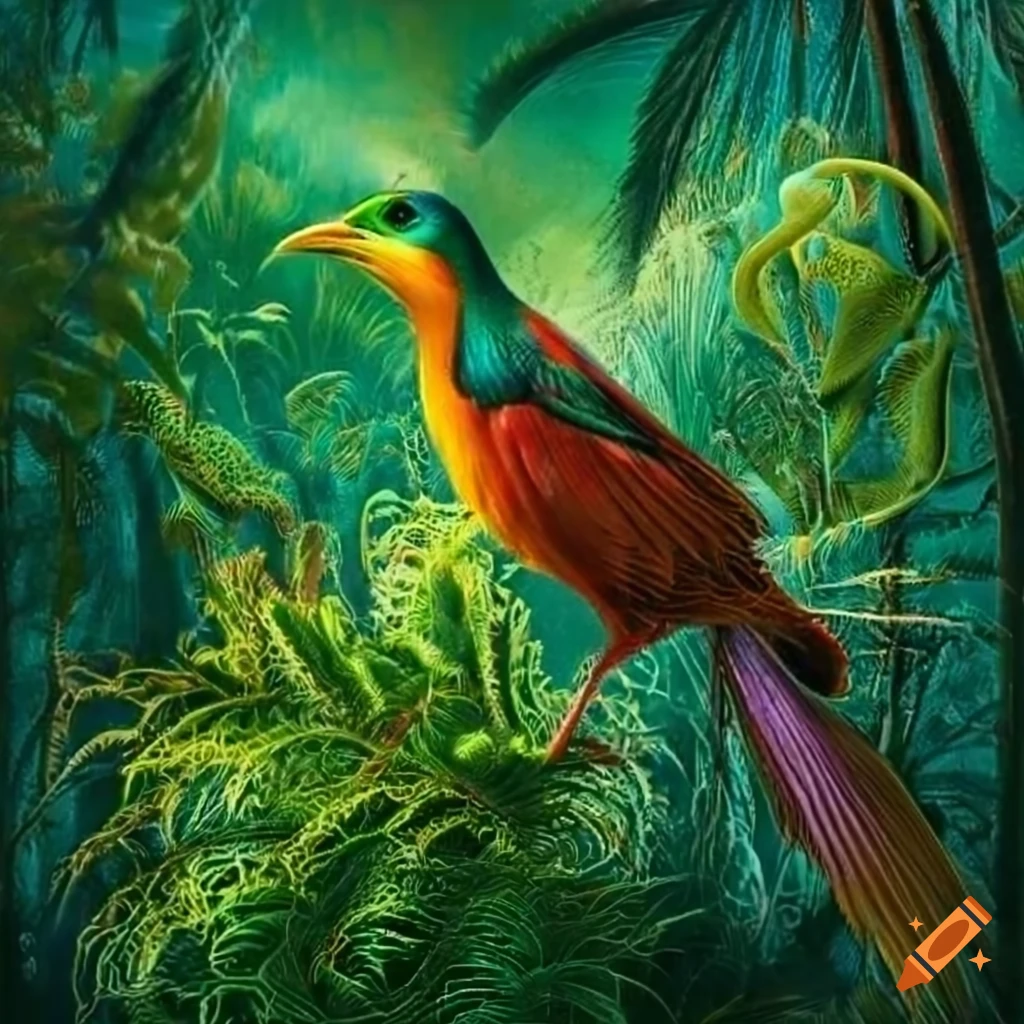 Paradise bird on a branch in the jungle on Craiyon