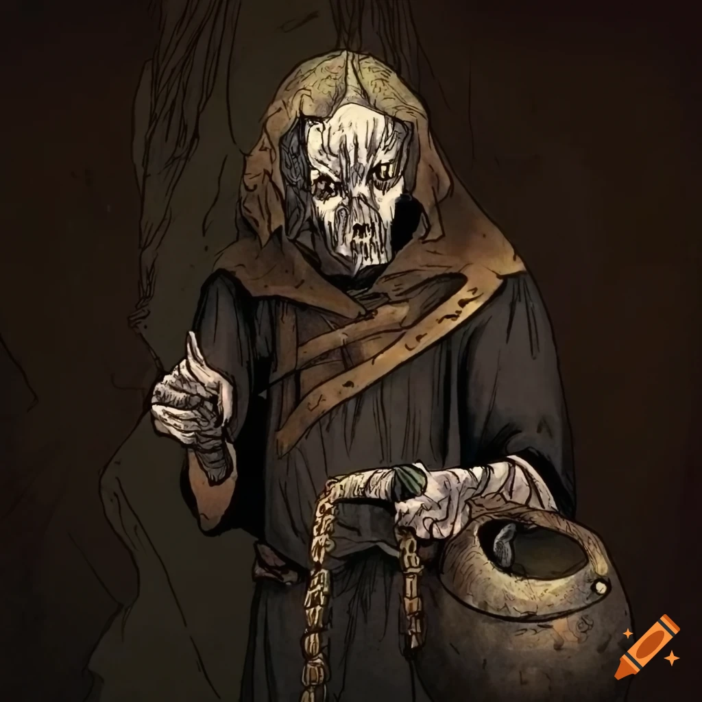 Medieval illustration of a hunchbacked sorcerer with a cauldron on Craiyon