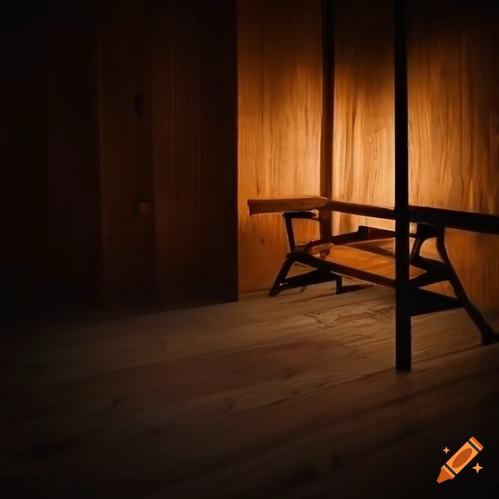 Minimalistic wooden bench in an open-air interior space on Craiyon