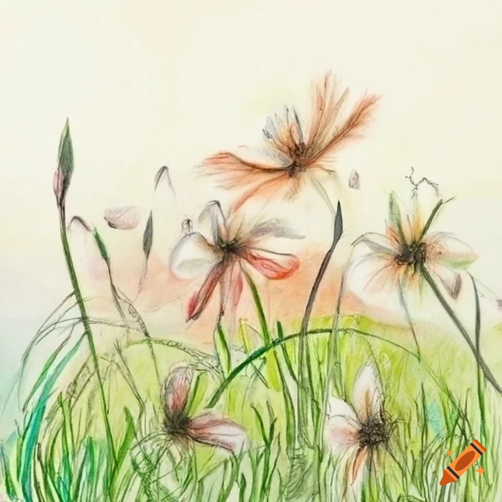 Pencil drawing of a blooming spring meadow on Craiyon