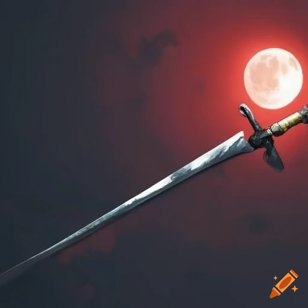Swords silhouetted against a red moon on Craiyon