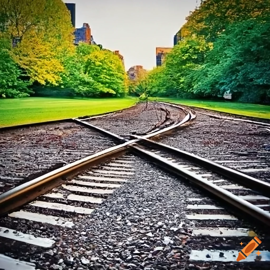 Close-up of straight piece of wood on grass resembling railroad rail on ...