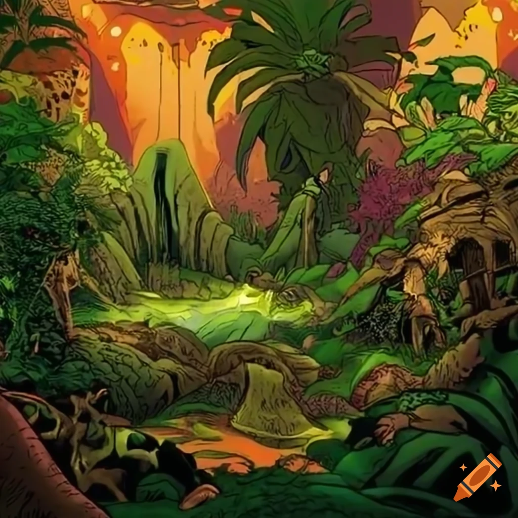 Tropical jungle valley in the style of bernie wrightson on Craiyon