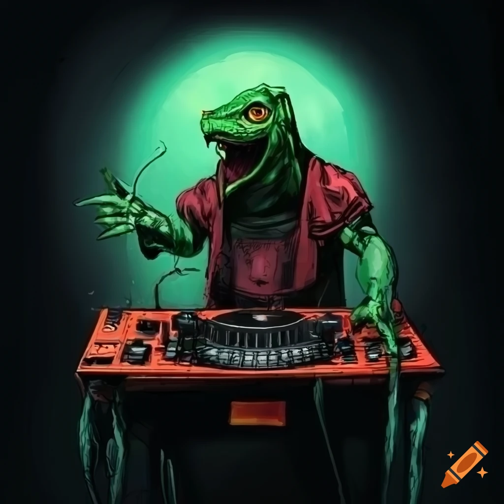 Simon bisley-style artwork of a lizard dj