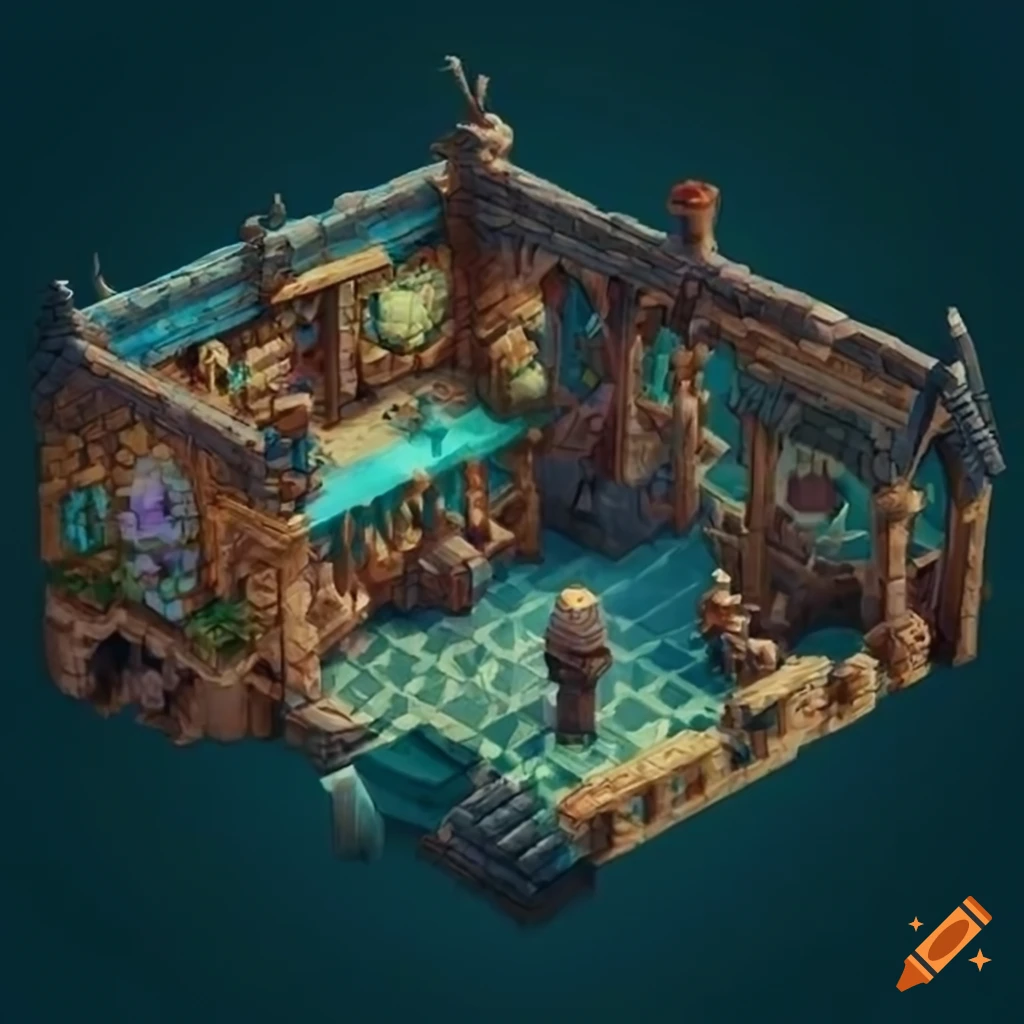 Detailed isometric map of a medieval village in a fantasy RPG on Craiyon