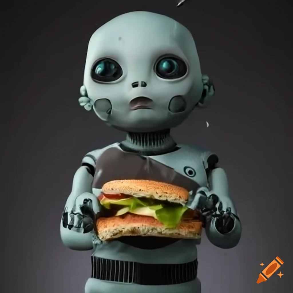 Humorous image of an alien robot baby with sandwich