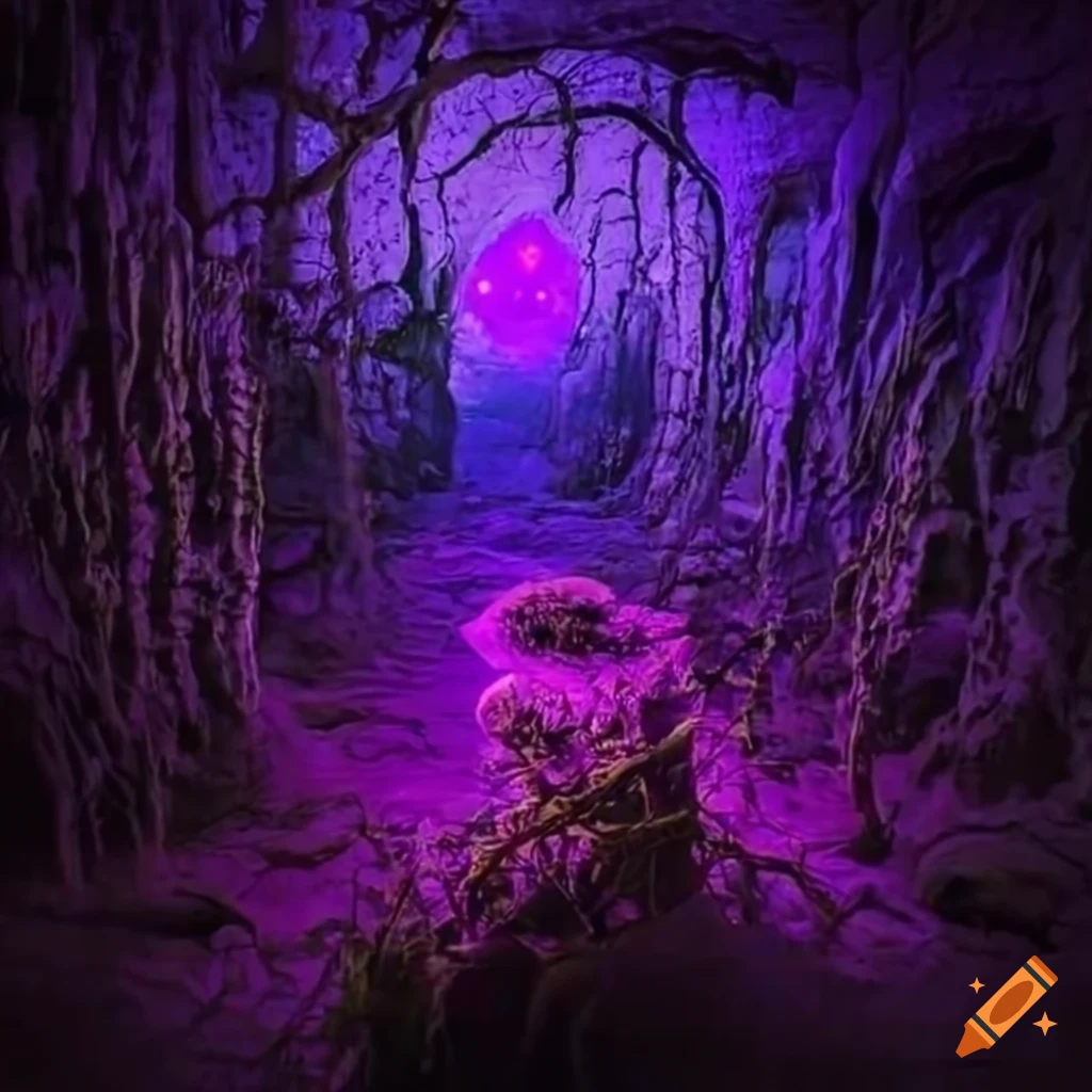 Image of a mysterious cave with glowing purple vines on Craiyon