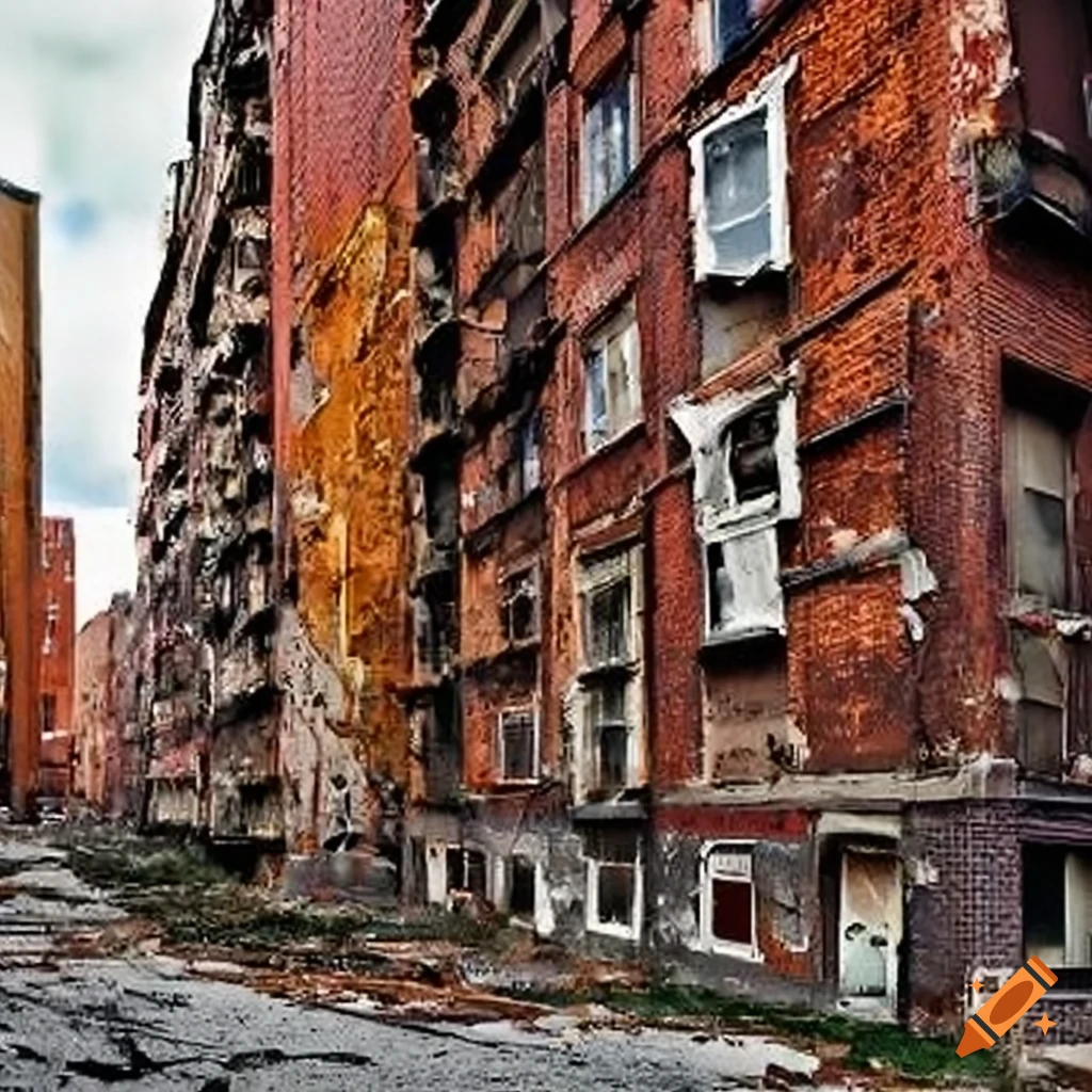 Image of decaying tenements and abandoned buildings on Craiyon
