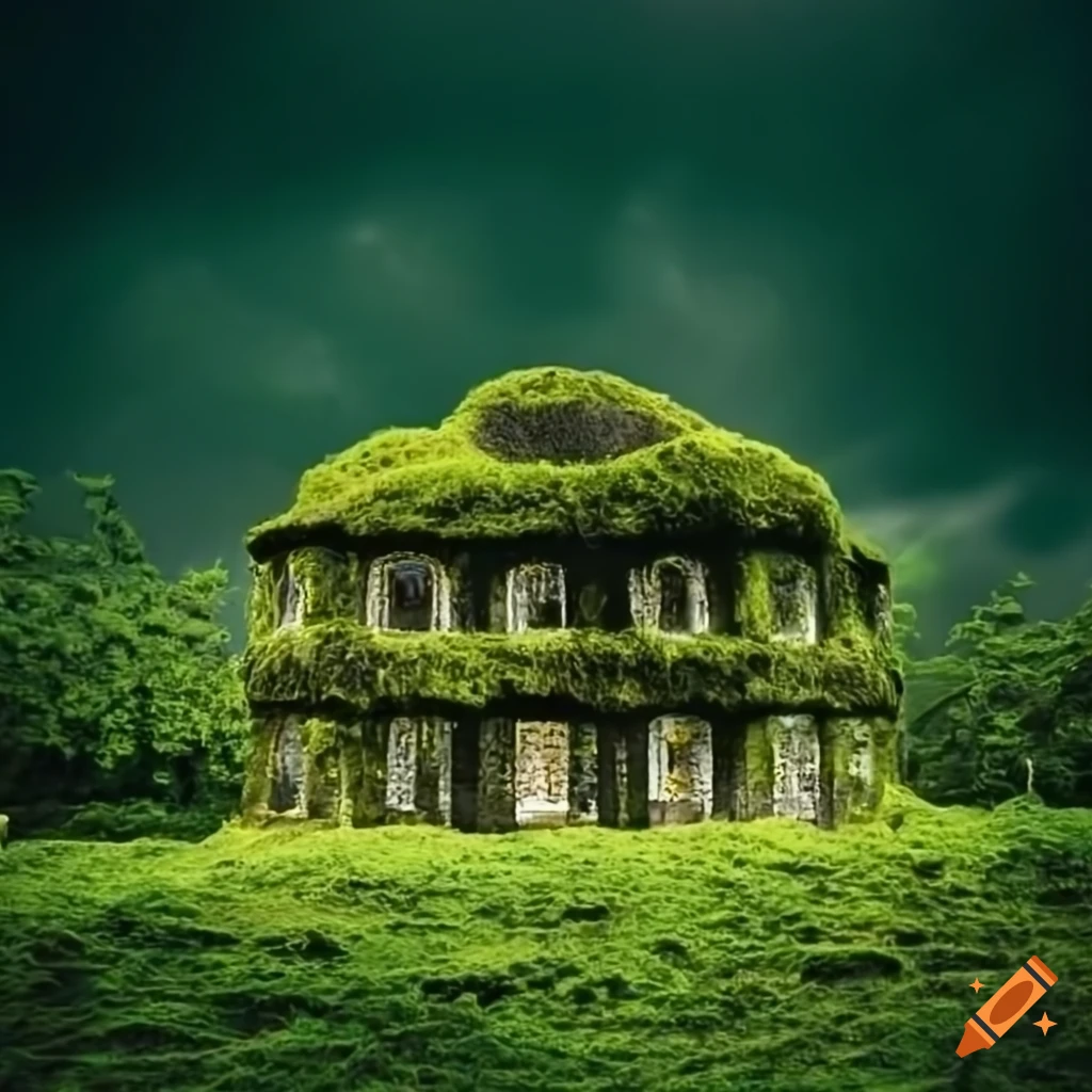 Building shaped like a hive with moss-covered walls