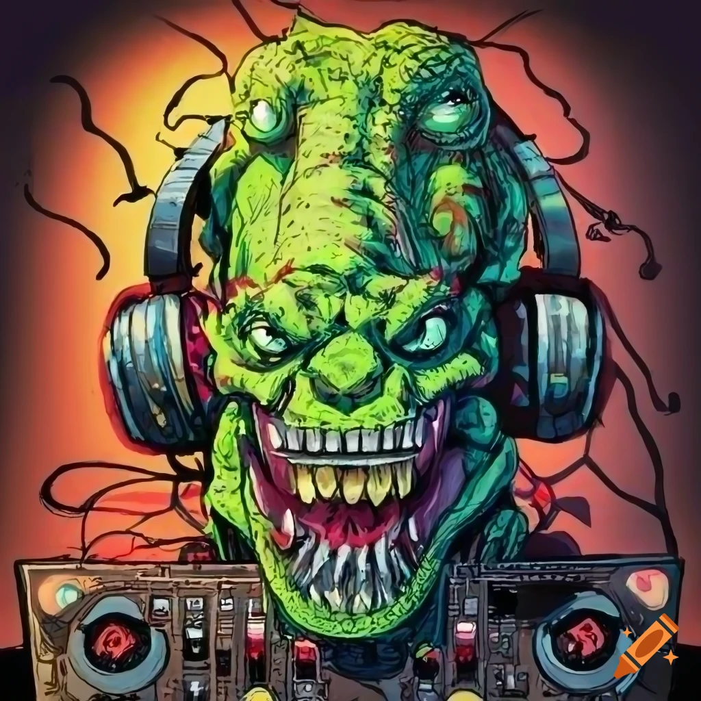 Simon bisley-style artwork of a lizard dj on Craiyon