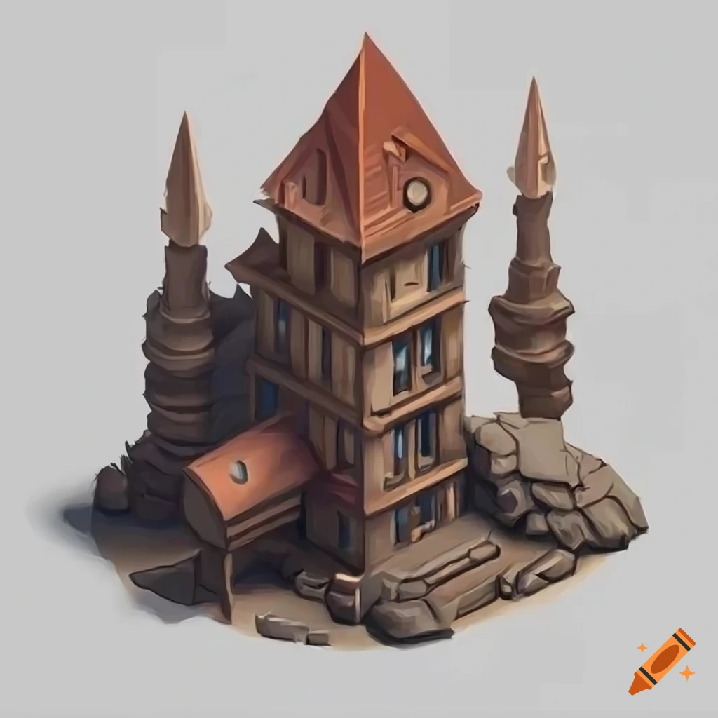 Isometric vector illustration of a tall ancient tower in black on Craiyon